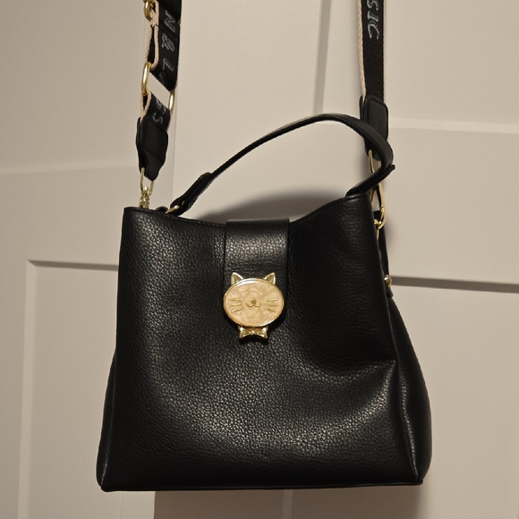 Bags | Black Leather Handbag With Gold Cat Emblem | Poshmark